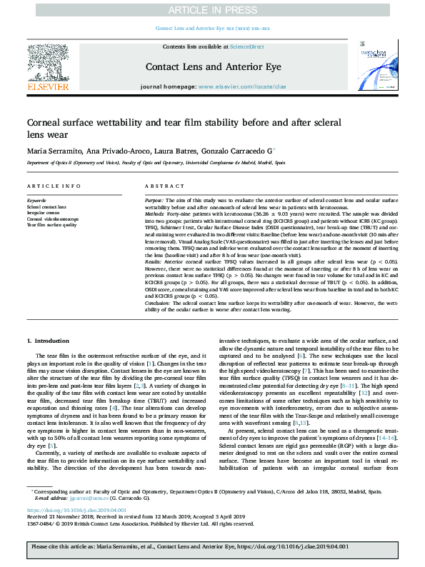 (PDF) Corneal surface wettability and tear film stability before and ...