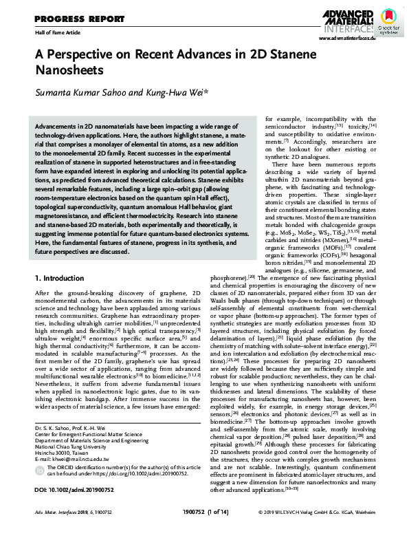 (PDF) A Perspective on Recent Advances in 2D Stanene Nanosheets