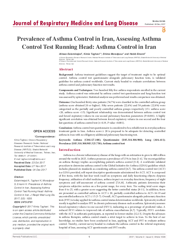 (PDF) Prevalence of Asthma Control in Iran, Assessing Asthma Control ...