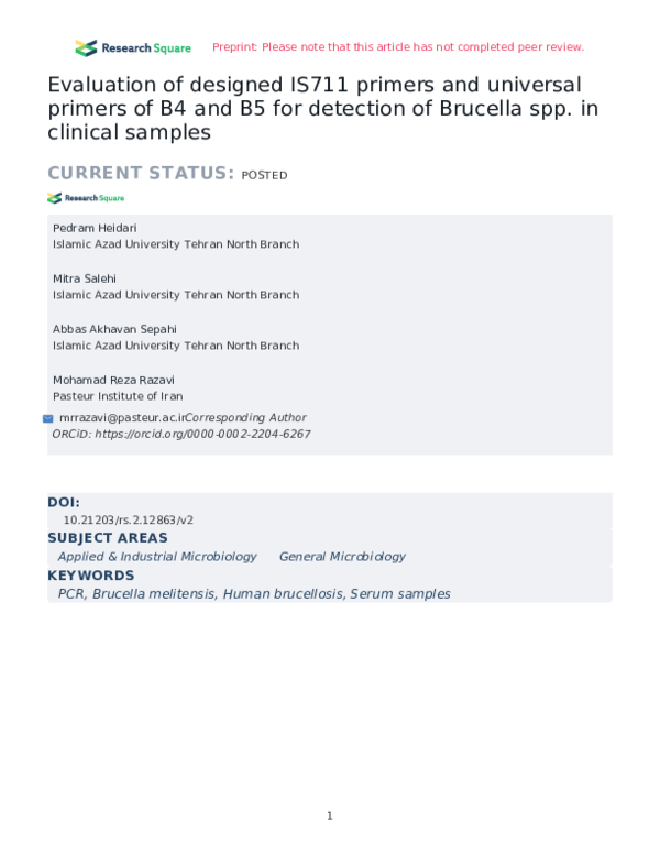 (PDF) Evaluation of designed IS711 primers and universal primers of B4 and B5 for detection of ...