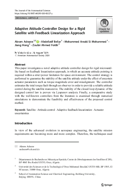 Pdf Adaptive Attitude Controller Design For A Rigid Satellite With