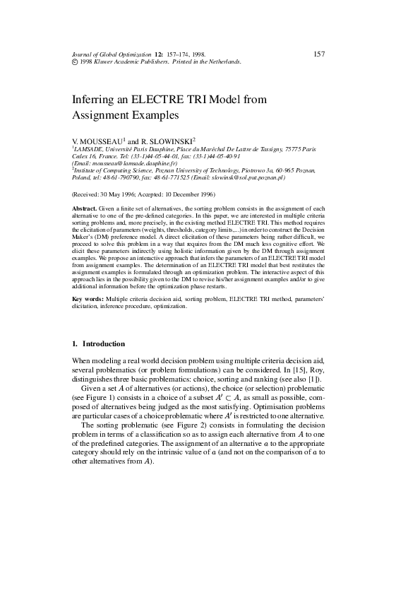 (PDF) Inferring an ELECTRE TRI model from assignment examples