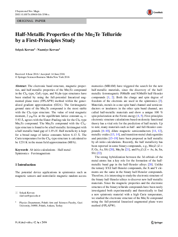 (PDF) Half-Metallic Properties of the Mn2Te Telluride by a First ...
