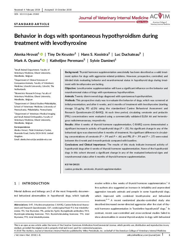 (PDF) Behavior in dogs with spontaneous hypothyroidism during treatment ...