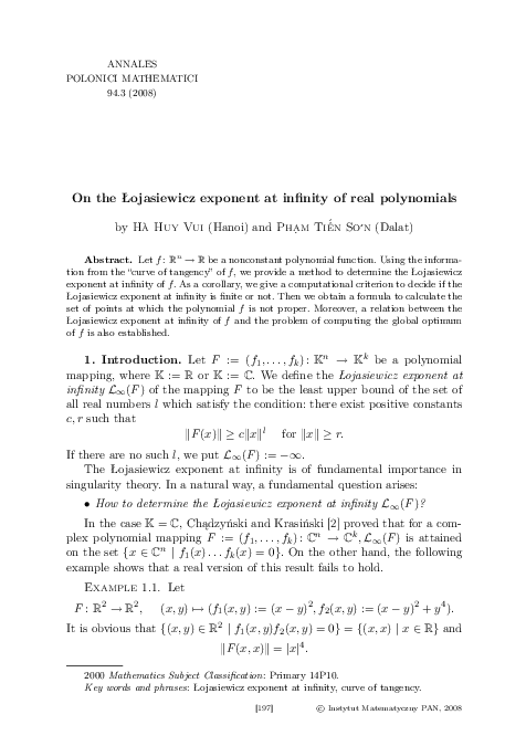 (PDF) On the Łojasiewicz exponent at infinity of real polynomials