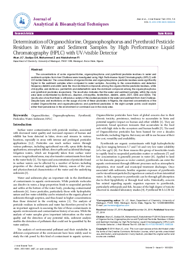 (PDF) Determination of Organochlorine, Organophosphorus and Pyrethroid Pesticide Residues in ...