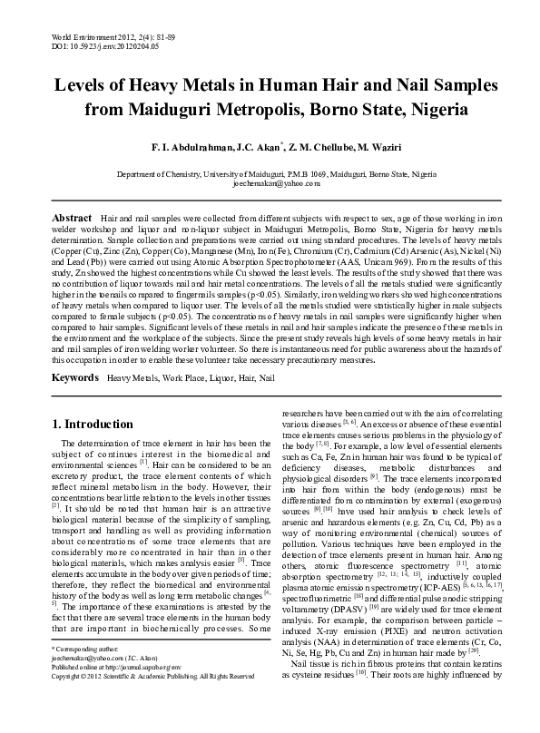 (PDF) Levels of Heavy Metals in Human Hair and Nail Samples from ...