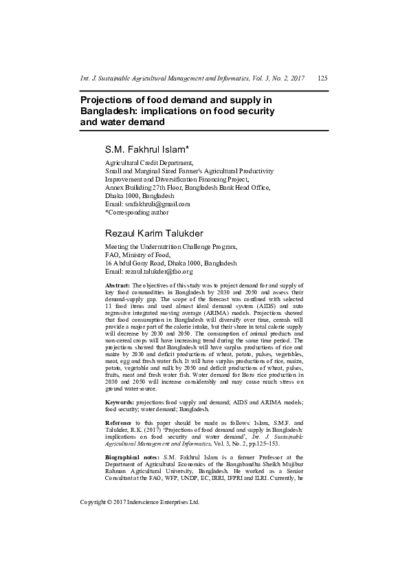 (PDF) Projections of food demand and supply in Bangladesh: implications ...