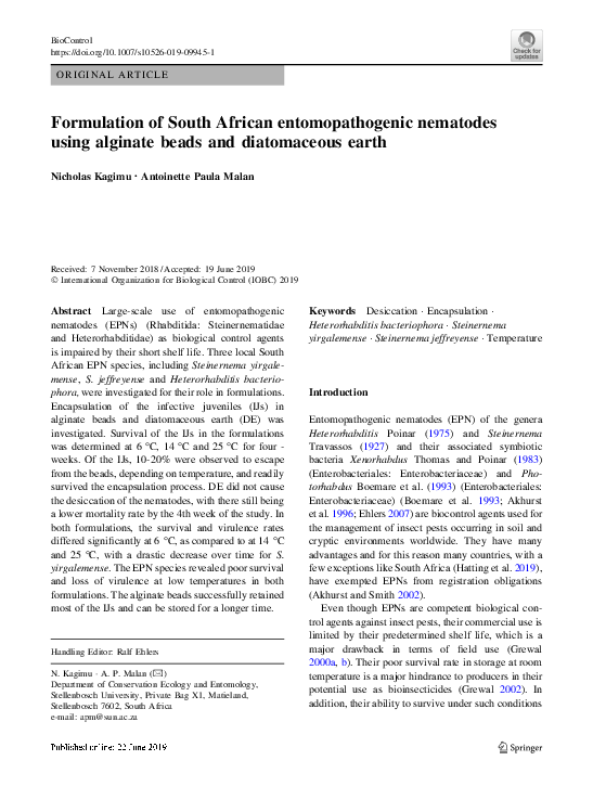 (PDF) Formulation of South African entomopathogenic nematodes using alginate beads and ...