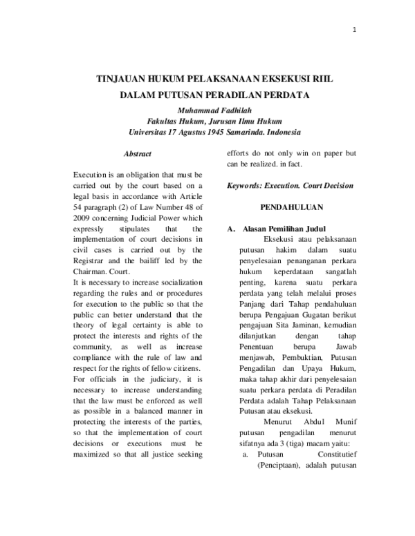 (PDF) Tinjauan Hukum Pelaksanaan Eksekusi Riil Dalam Putusan Peradilan Perdata