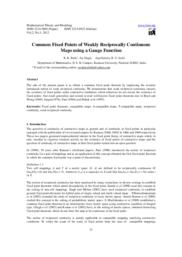 Pdf Common Fixed Points Of Weakly Reciprocally Continuous Maps Using A Gauge Function