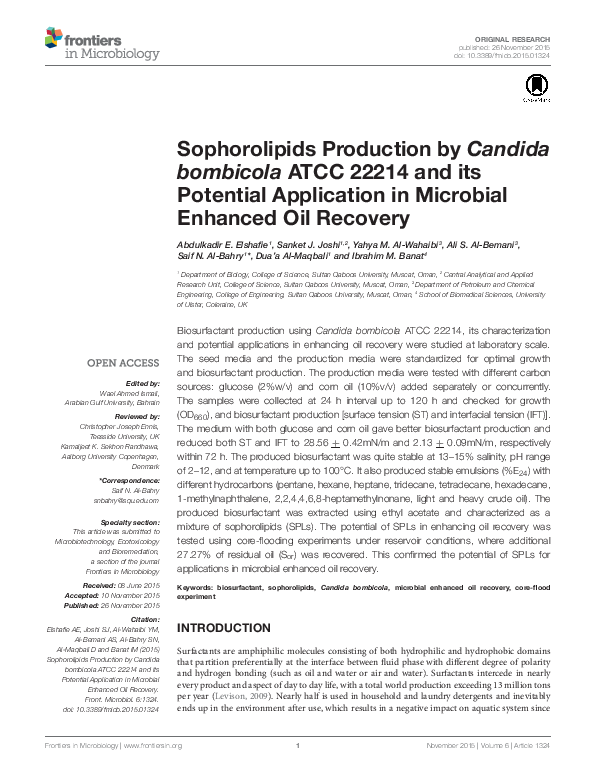 (PDF) Sophorolipids Production by Candida bombicola ATCC 22214 and its Potential Application in ...