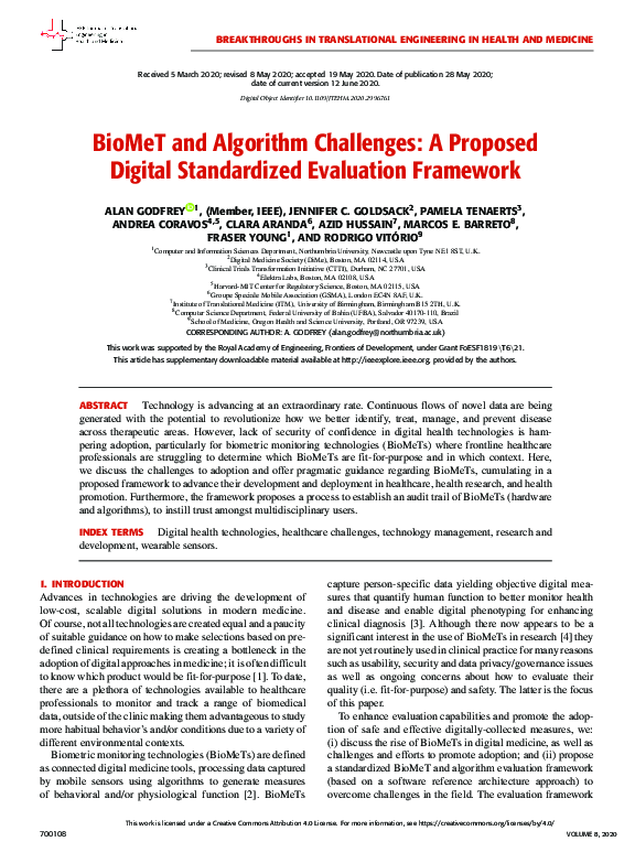 (PDF) BioMeT and Algorithm Challenges: A Proposed Digital Standardized Evaluation Framework ...