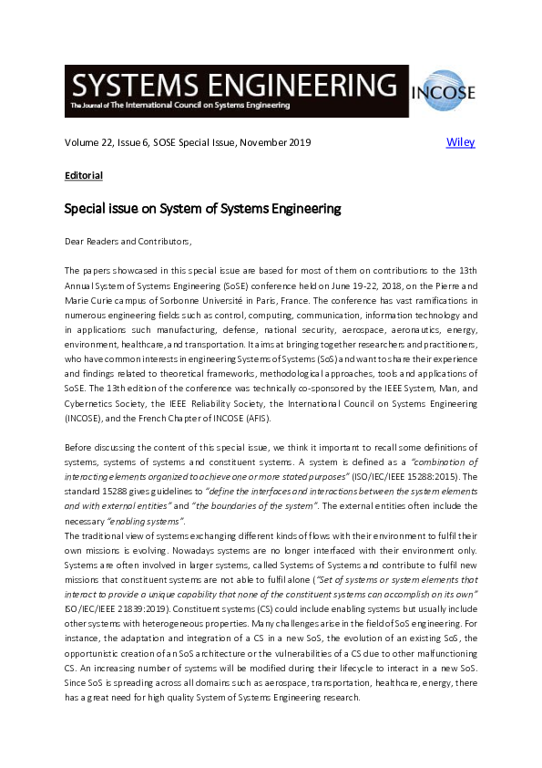 (PDF) Special issue on system of systems engineering
