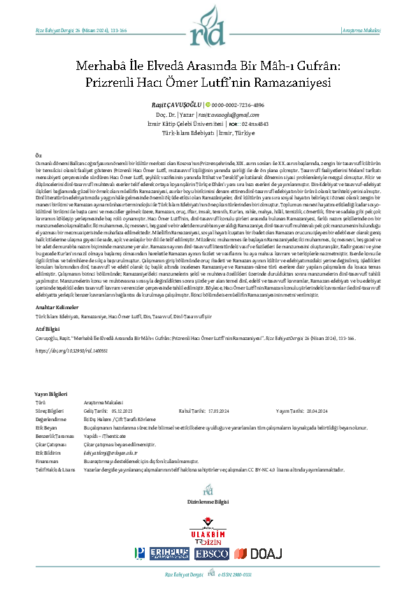 (PDF) Merhaba ile Elveda Arasında Bir Mâh-ı Gufrân Prizrenli Hacı Ömer Lutfî'nin Ramazaniyesi