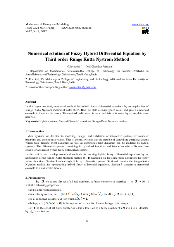 Pdf Numerical Solution Of Fuzzy Hybrid Differential Equation By Third