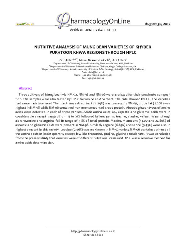(PDF) Nutritive Analysis of Mung Bean Varieties of Khyber Pukhtoon Khwa Regions Through HPLC