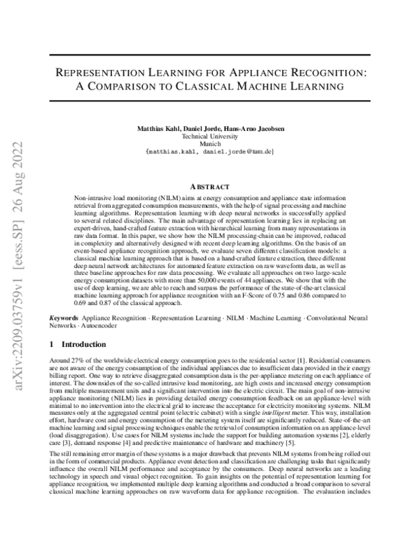 (PDF) Representation Learning for Appliance Recognition: A Comparison to Classical Machine Learning