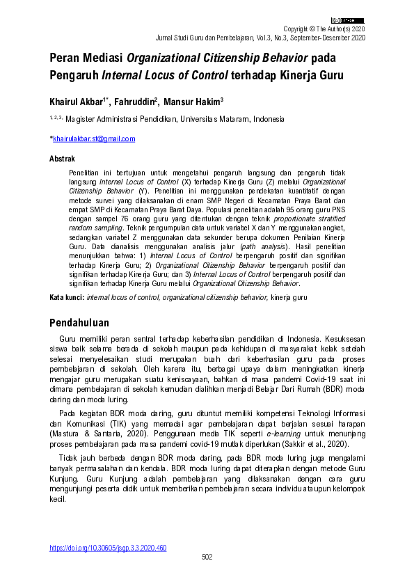 (PDF) Peran Mediasi Organizational Citizenship Behavior pada Pengaruh Internal Locus of Control ...