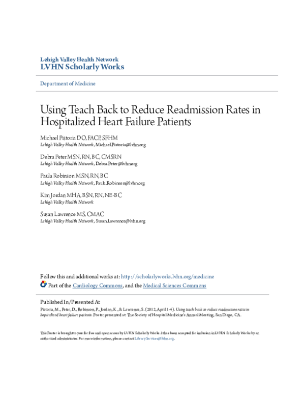 (PDF) Using Teach Back to Reduce Readmission Rates in Hospitalized ...