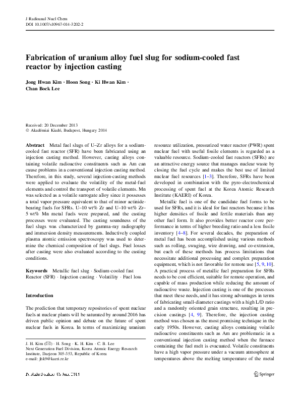 (PDF) Fabrication of uranium alloy fuel slug for sodium-cooled fast ...