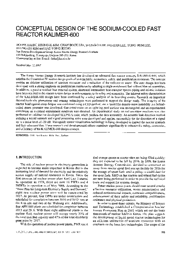 (PDF) Conceptual Design of the Sodium-Cooled Fast Reactor KALIMER-600