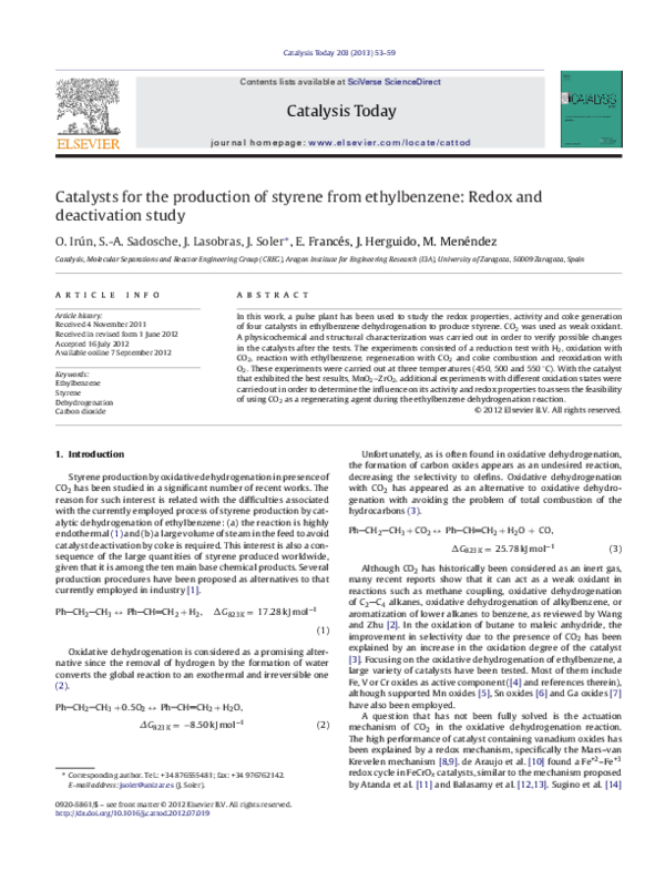(PDF) Catalysts for the production of styrene from ethylbenzene: Redox ...