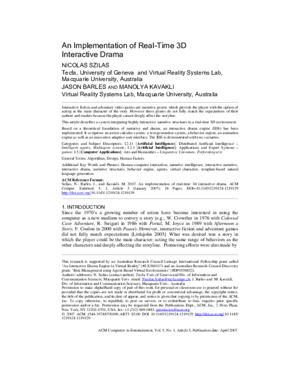 (PDF) An implementation of real-time 3D interactive drama