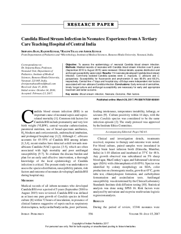 (PDF) Candida blood stream infection in neonates: Experience from a ...