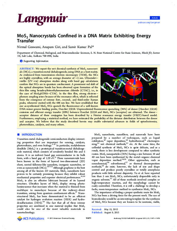 (PDF) MoS2 Nanocrystals Confined in a DNA Matrix Exhibiting Energy Transfer