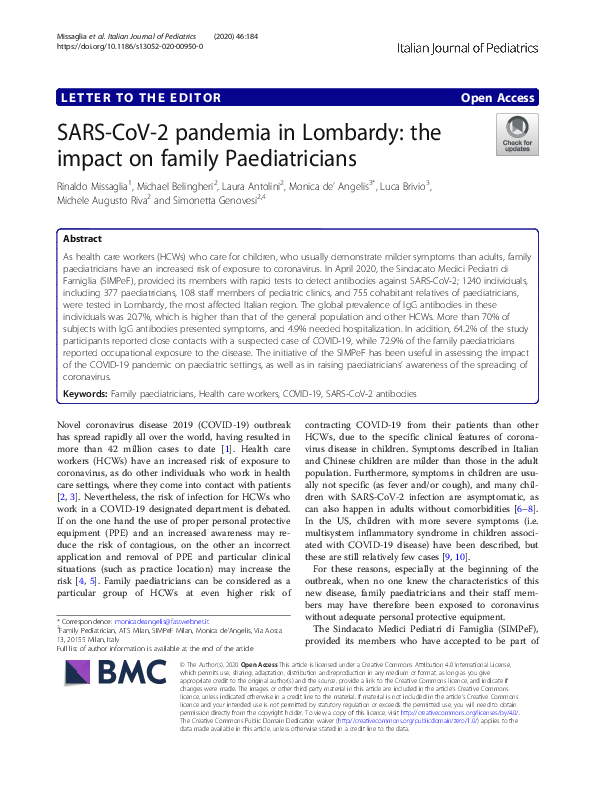(PDF) SARS-CoV-2 pandemia in Lombardy: the impact on family Paediatricians