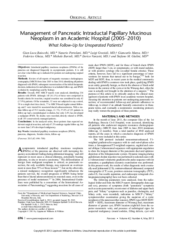 (PDF) Management of pancreatic intraductal papillary mucinous neoplasm
