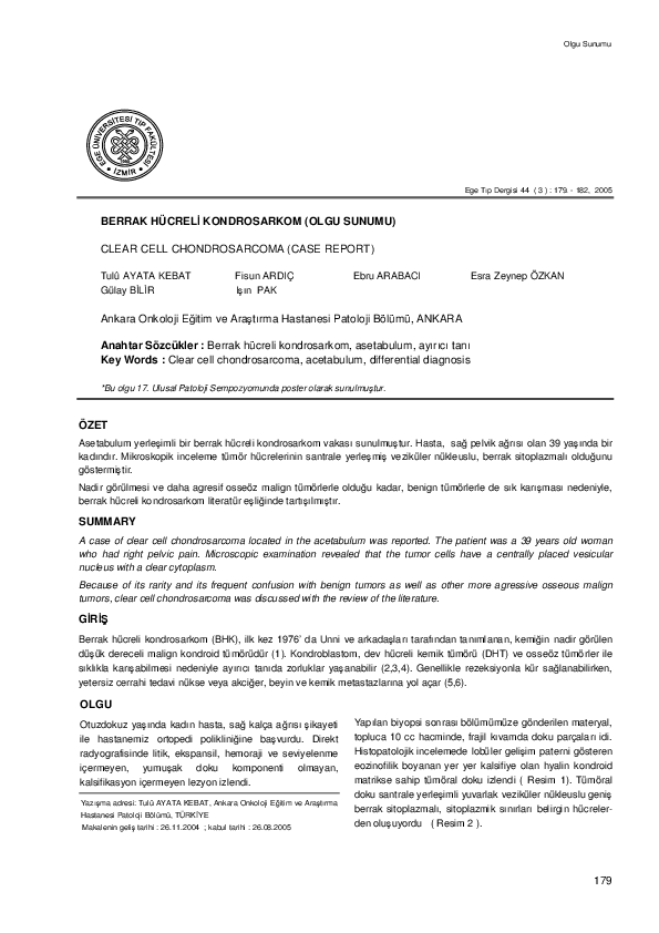(PDF) Berrak Hücreli̇ Kondrosarkom (Olgu Sunumu)