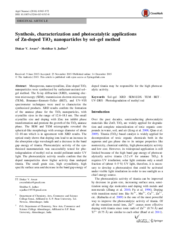 (PDF) Synthesis, characterization and photocatalytic applications of Zn-doped TiO2 nanoparticles ...