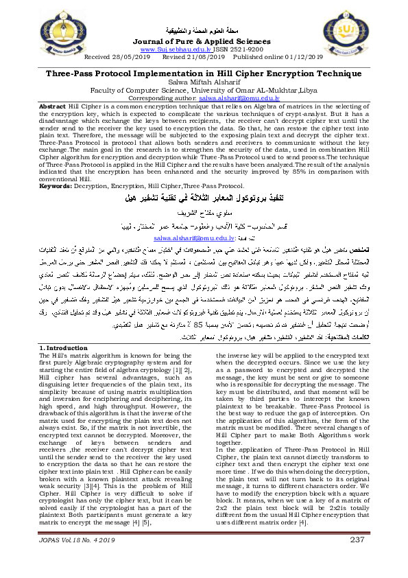 (PDF) Three-Pass Protocol Implementation in Hill Cipher Encryption Technique