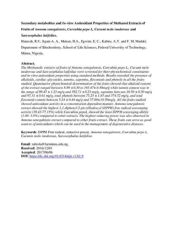 (PDF) Secondary metabolites and In-vitro Antioxidant Properties of ...