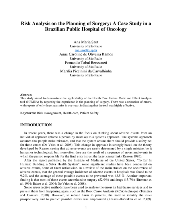 (PDF) Risk Analysis on the Planning of Surgery: A Case Study in a ...