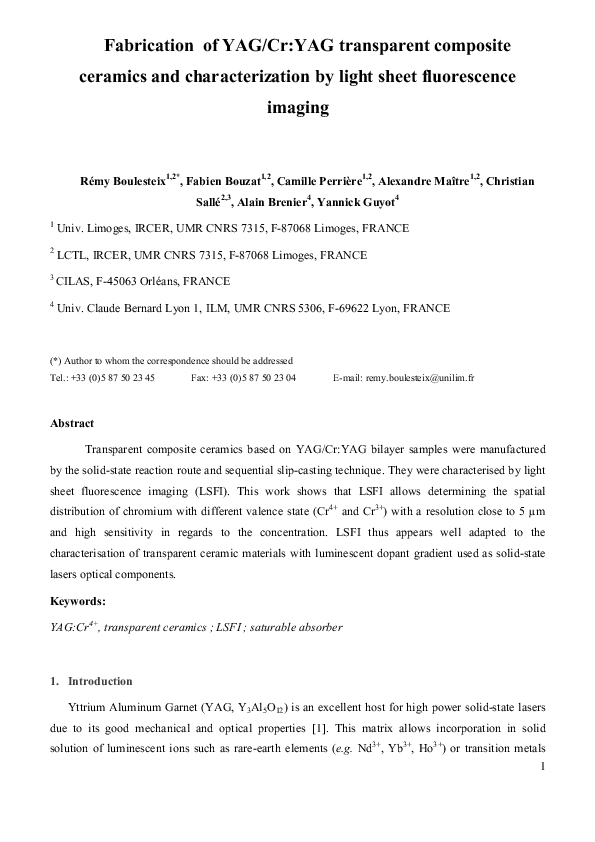 (PDF) Fabrication of YAG/Cr:YAG transparent composite ceramics and ...