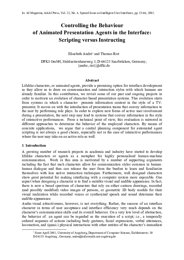 Pdf Controlling The Behaviour Of Animated Presentation Agents In The Interface Scripting Vs