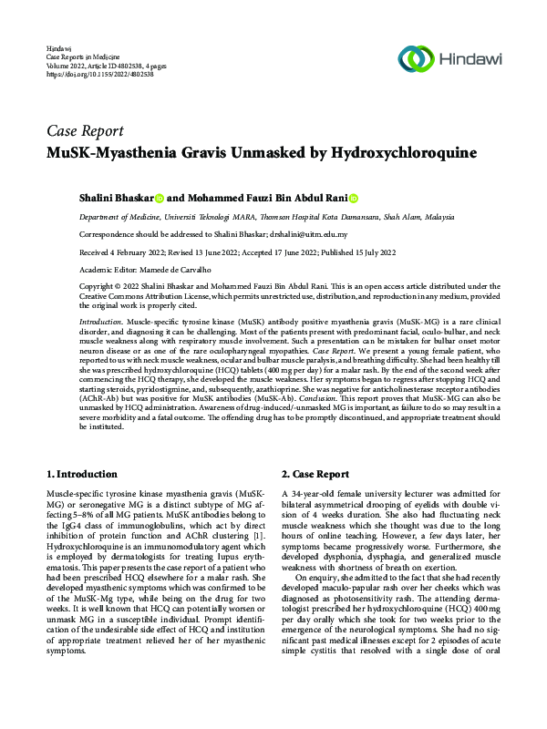 (PDF) MuSK-Myasthenia Gravis Unmasked by Hydroxychloroquine