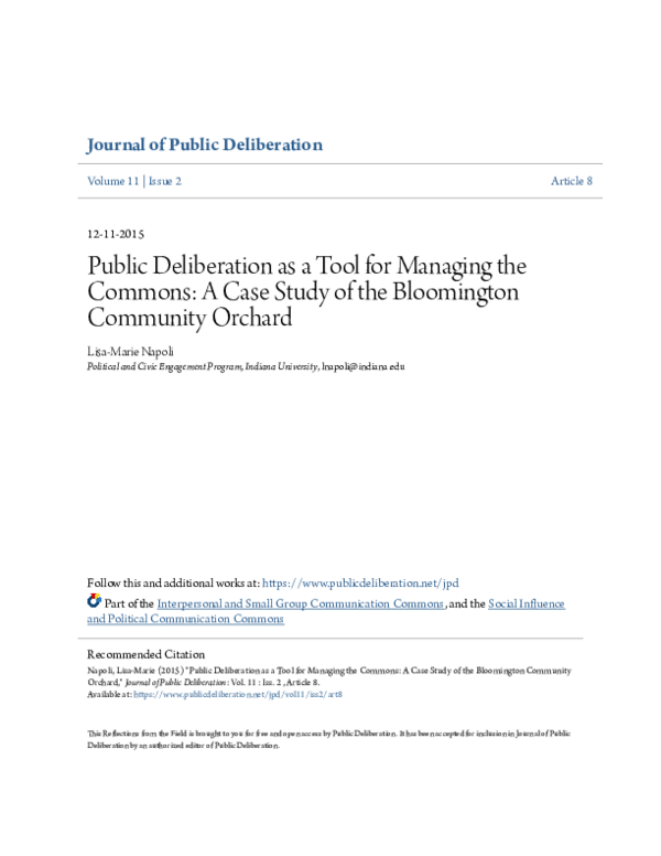 (PDF) Public Deliberation for Commons Management: Bloomington Orchard