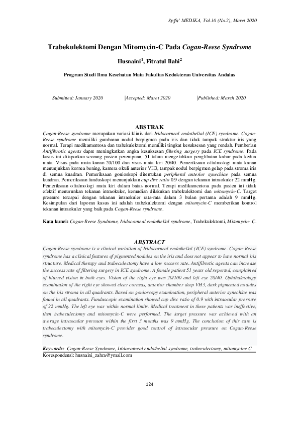 (PDF) Trabekulektomi Dengan Mitomycin-C Pada Cogan-Reese Syndrome