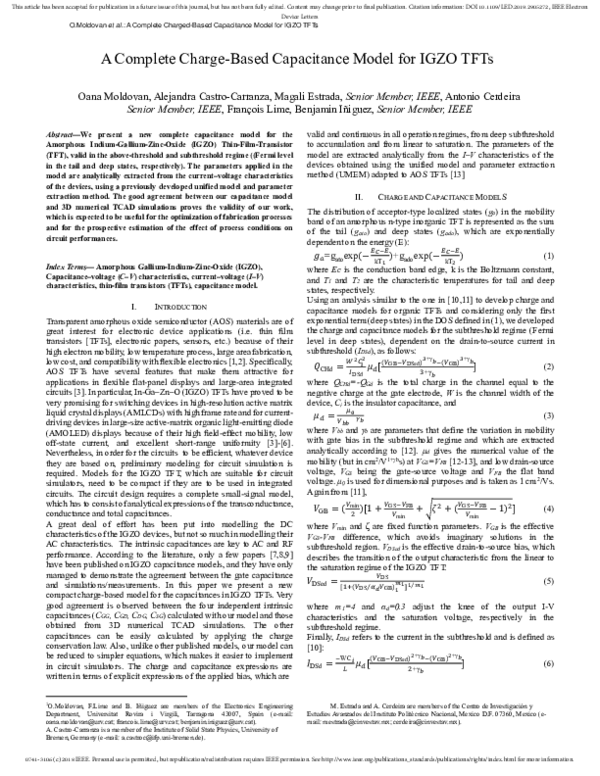 (PDF) A Complete Charge-Based Capacitance Model for IGZO TFTs