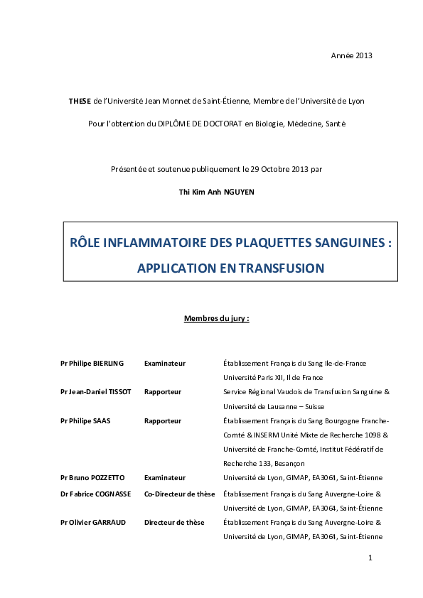 (PDF) Rôle inflammatoire des plaquettes sanguines : application en ...