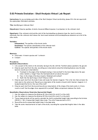 (PDF) 5.03 Primate Evolution -Skull Analysis Virtual Lab Report Instructions: As you complete ...