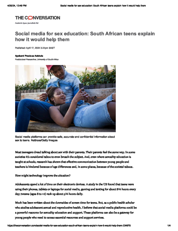 (PDF) Social media for sex education: South African teens explain how ...