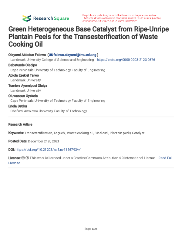 (PDF) Green Heterogeneous Base Catalyst from Ripe-Unripe Plantain Peels ...