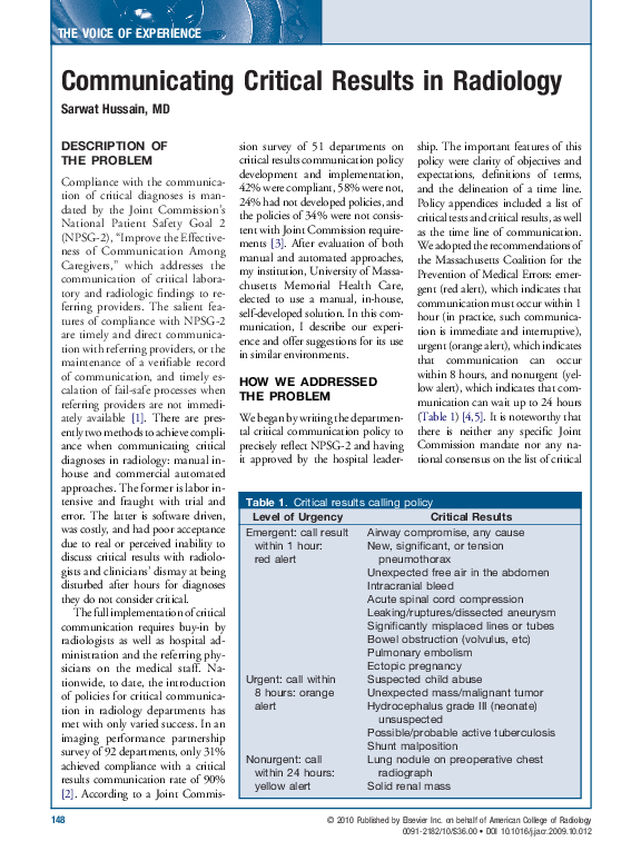 (PDF) Communicating Critical Results in Radiology