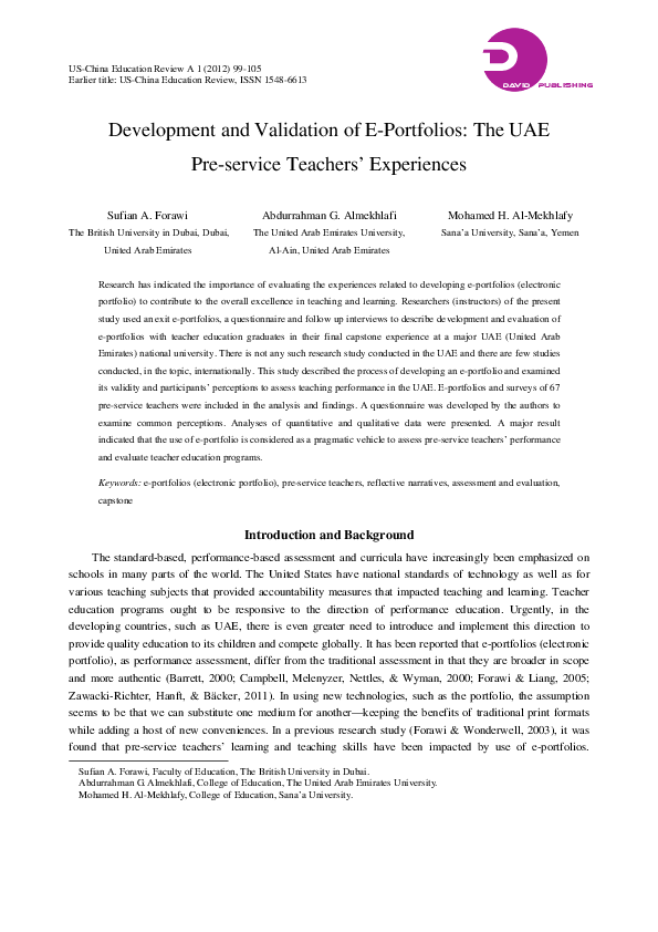 (PDF) Development and Validation of E-Portfolios: The UAE Pre-Service ...