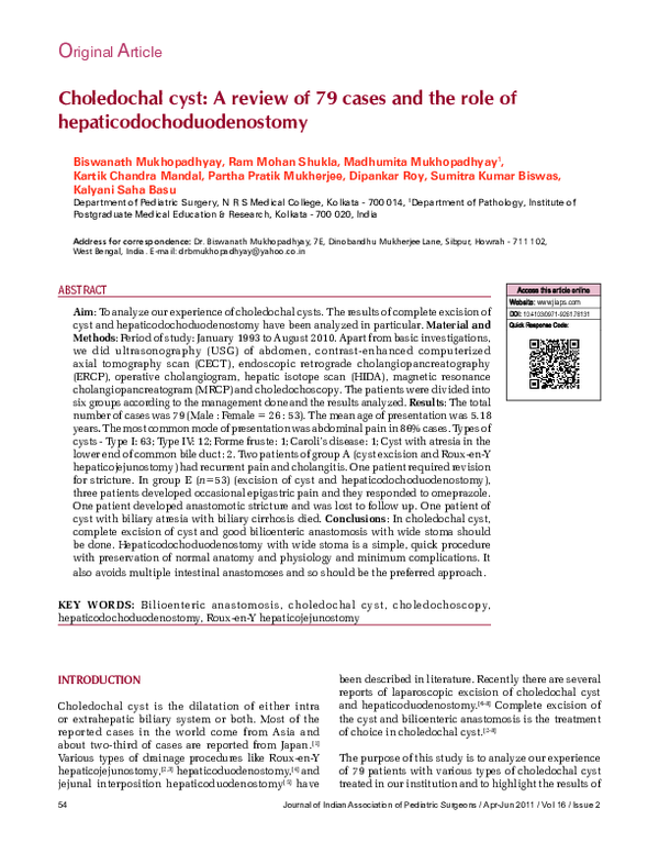 (PDF) Choledochal cyst: A review of 79 cases and the role of hepaticodochoduodenostomy